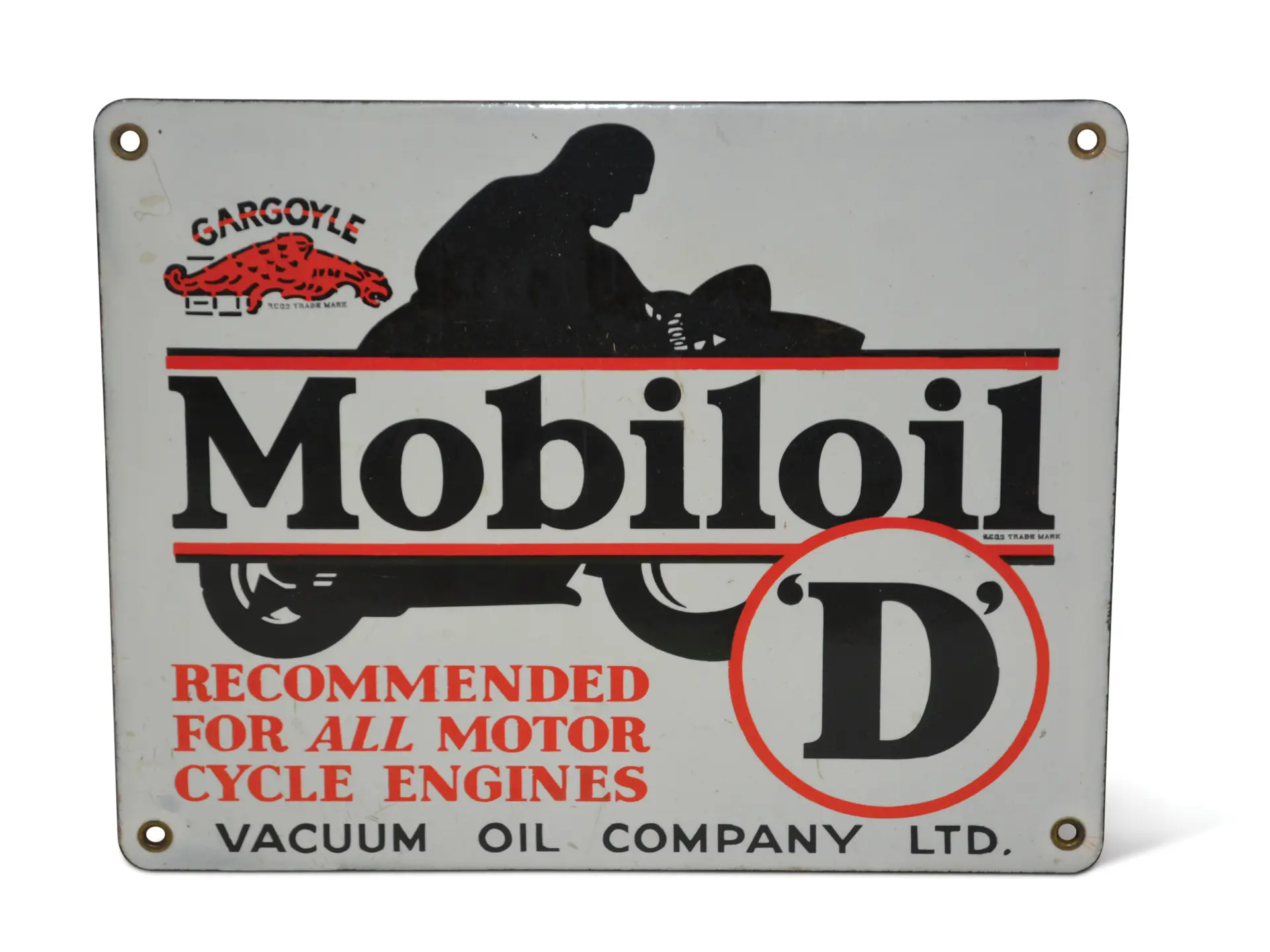 Gargoyle "Mobiloil D" with Motorcycle Porcelain Sign | Auburn Fall 2019 ...