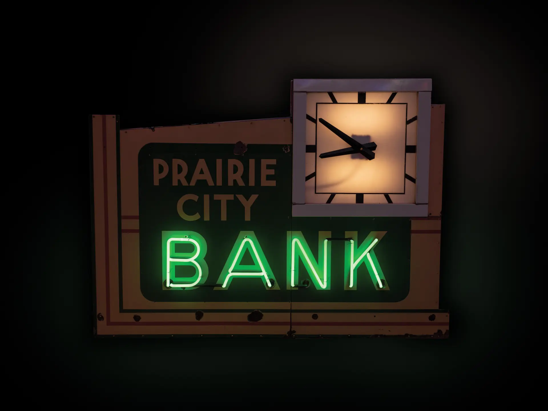 Prairie City Bank Neon Sign and Clock | The Dingman Collection | RM ...