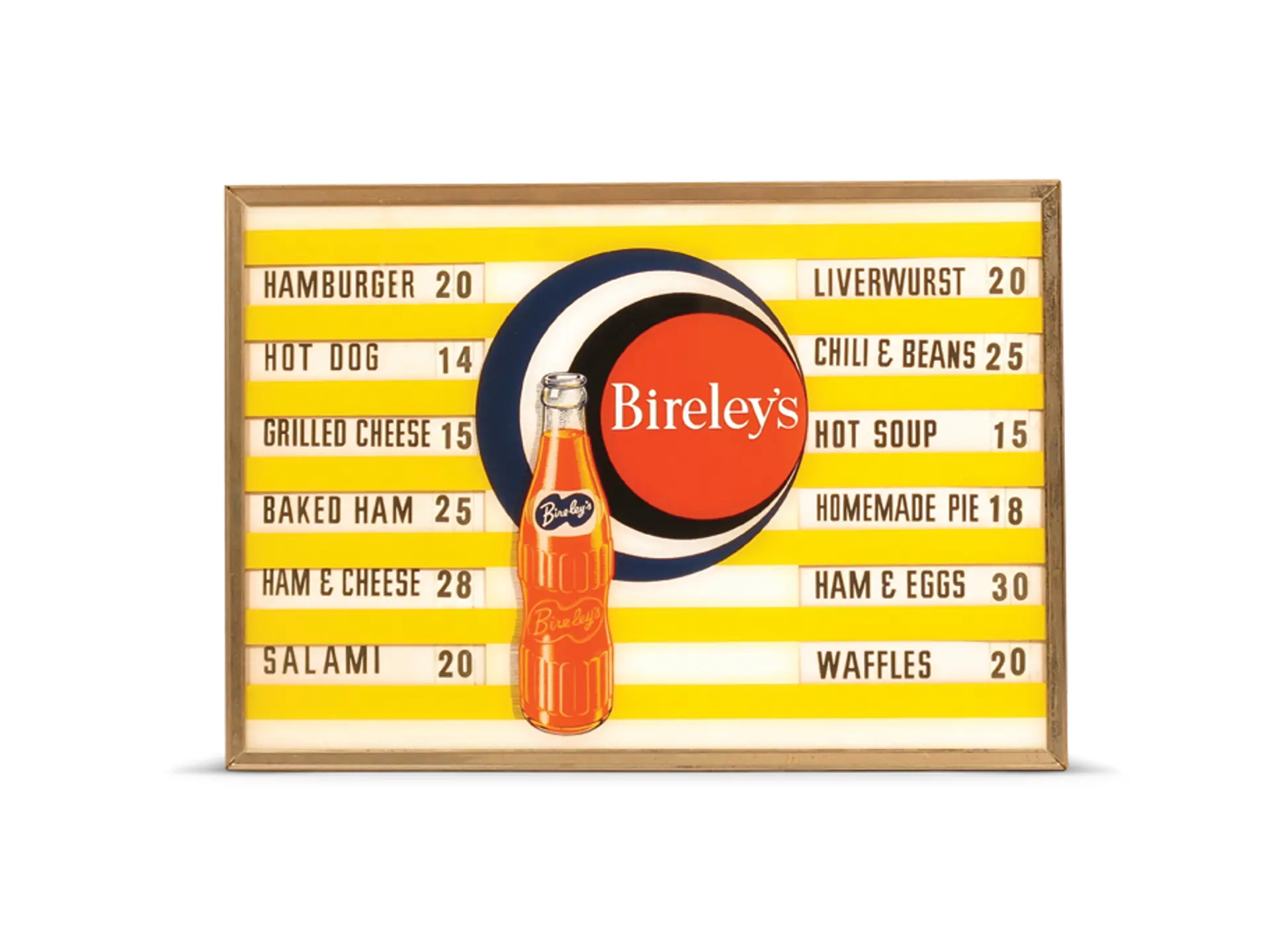 Bireley's Soda Glass Menu Price Sign | Auburn Memorabilia Auction | RM ...