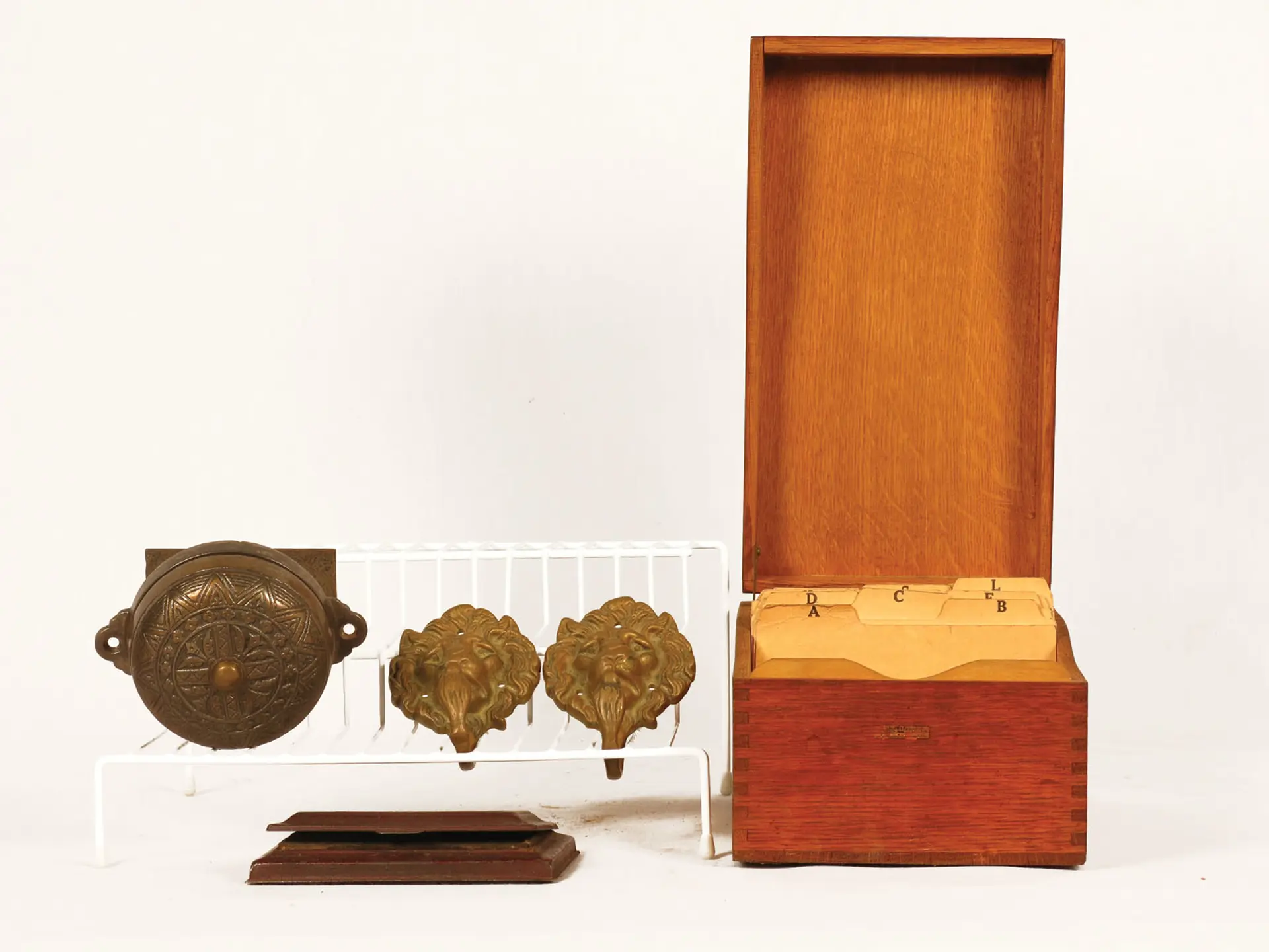 Fancy Victorian Door Ringer, Lion Hanging Hooks, and Oak Index File Box ...