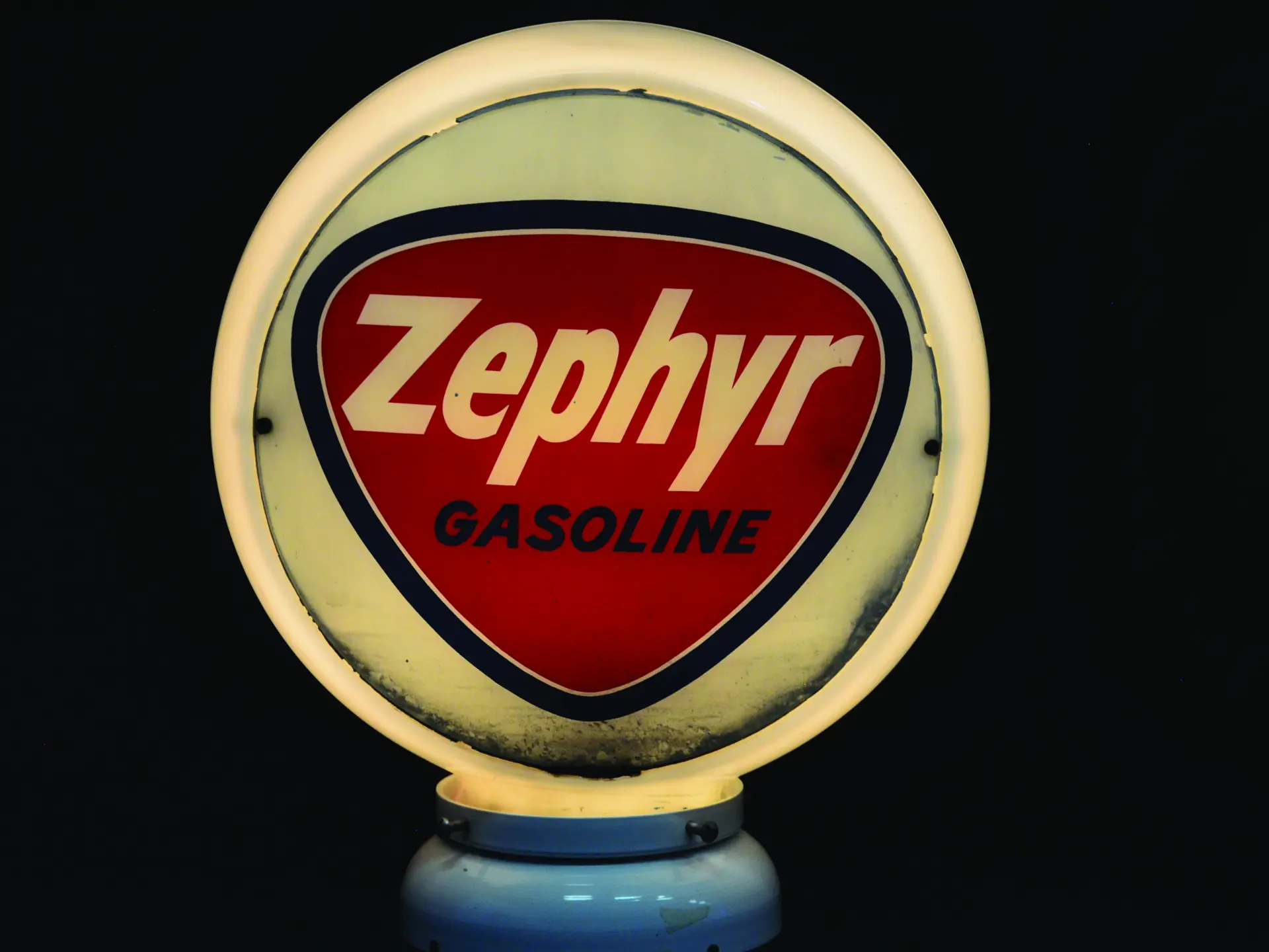 An original Zephyr Gasoline wide body milk glass gas globe. | Auburn ...