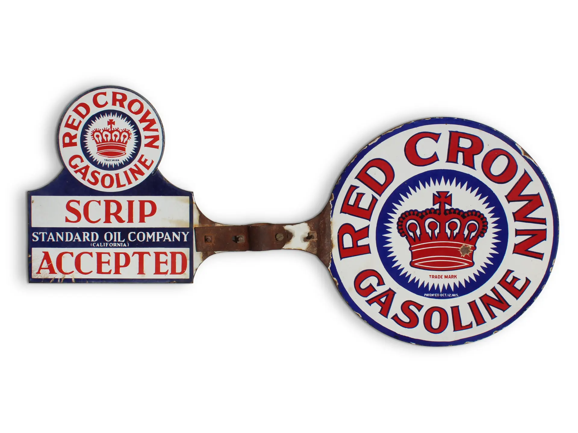 Red Crown Gasoline Scrip Accepted Double-Sided Porcelain Paddle Sign ...