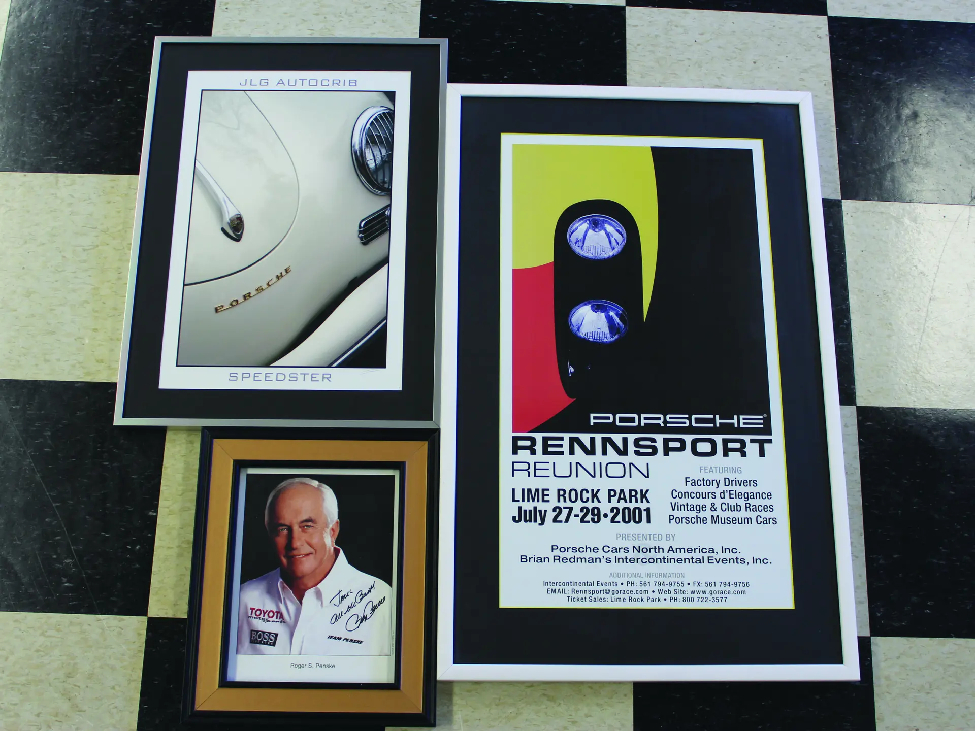 1, signed, Roger Penske photo; 1, Porsche Speedster, framed photo; 1 ...