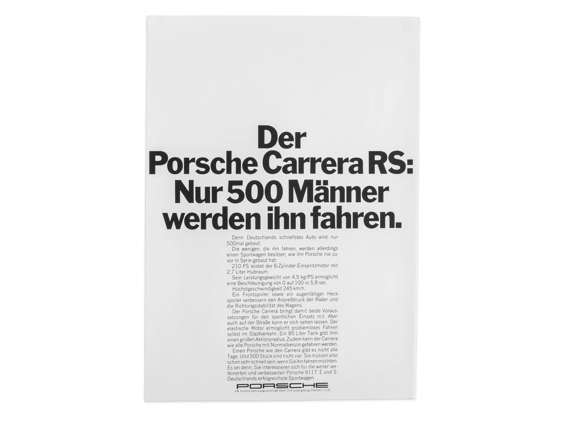 "Der Porsche Carrera RS: Nur 500 Männer werden ihn fahren." Porsche 911 ...
