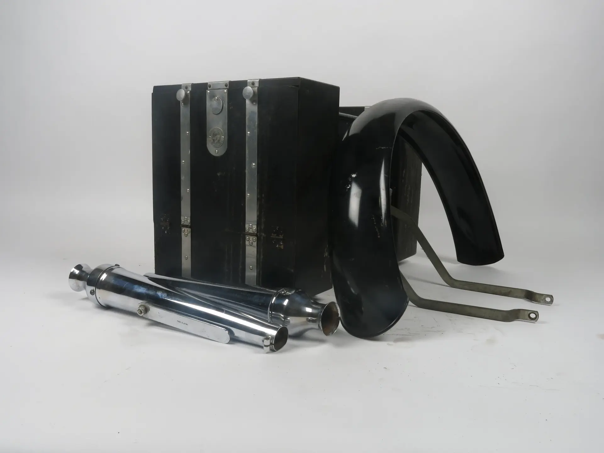 1 Motorcycle Fender, 2 Chrome Motorcycle Mufflers, and 1 Motorcycle ...