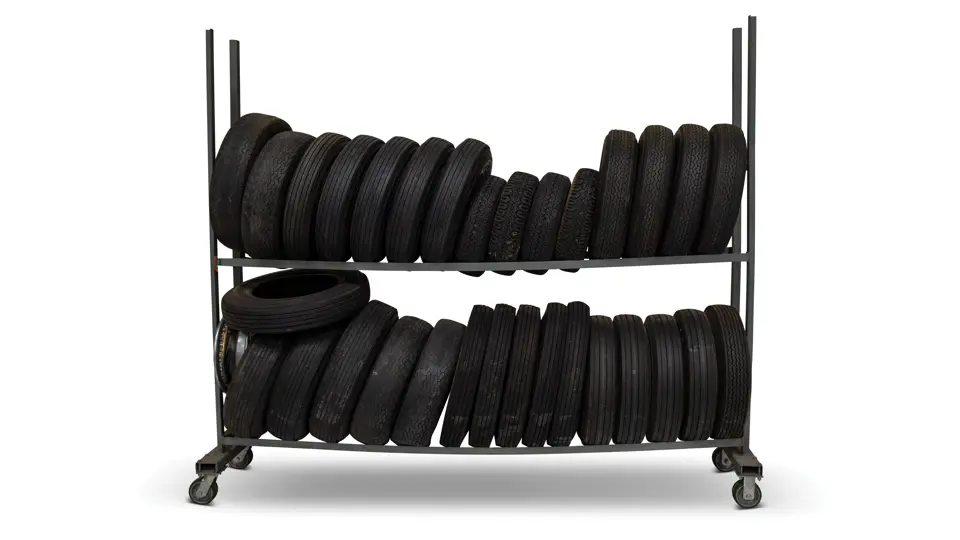 Rolling Tire Rack with Assorted Tires | The Elkhart Collection | RM ...