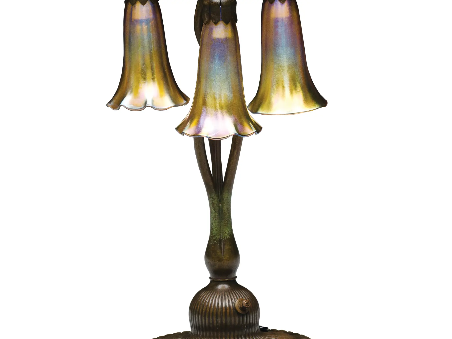 Tiffany Studios Patinated Bronze Three-Light Favrile Glass Lily Desk ...
