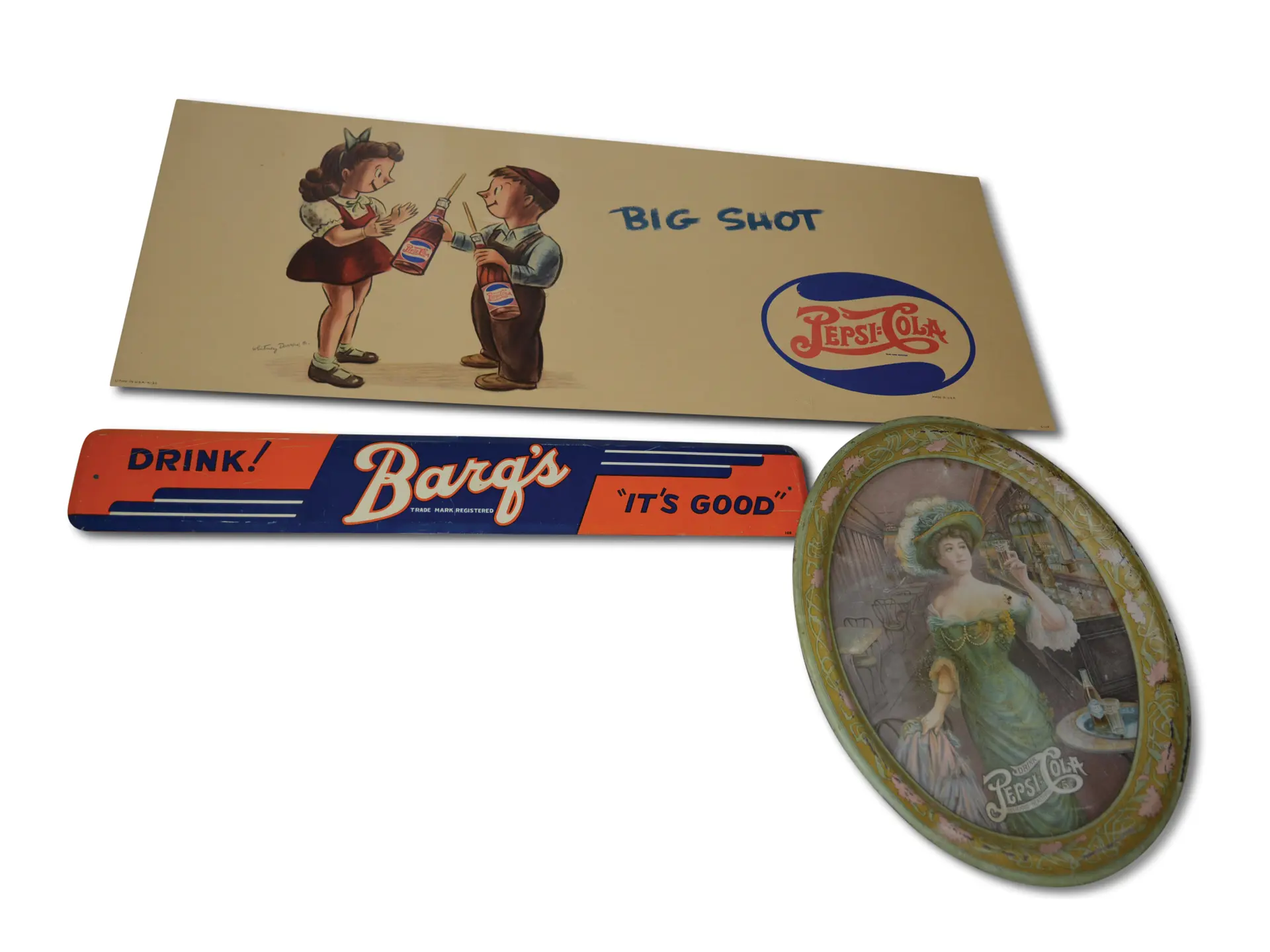 Pepsi:Cola Metal Tray, Pepsi:Cola "Big Shot" Poster, and Barq's Sign ...