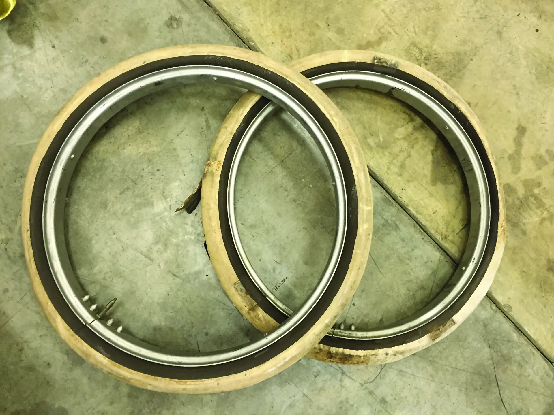 2, Antique, 28 inch wheel rims with worn white Good Year tires | Auburn ...