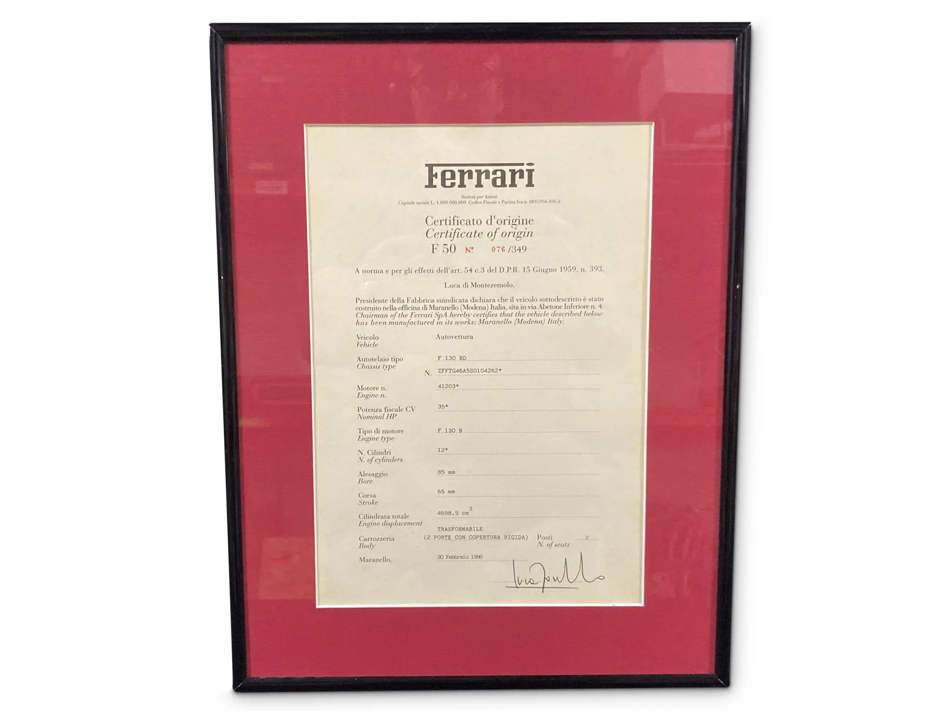 Ferrari F50 Official Certificate of Origin | The Cohen Collection | RM ...