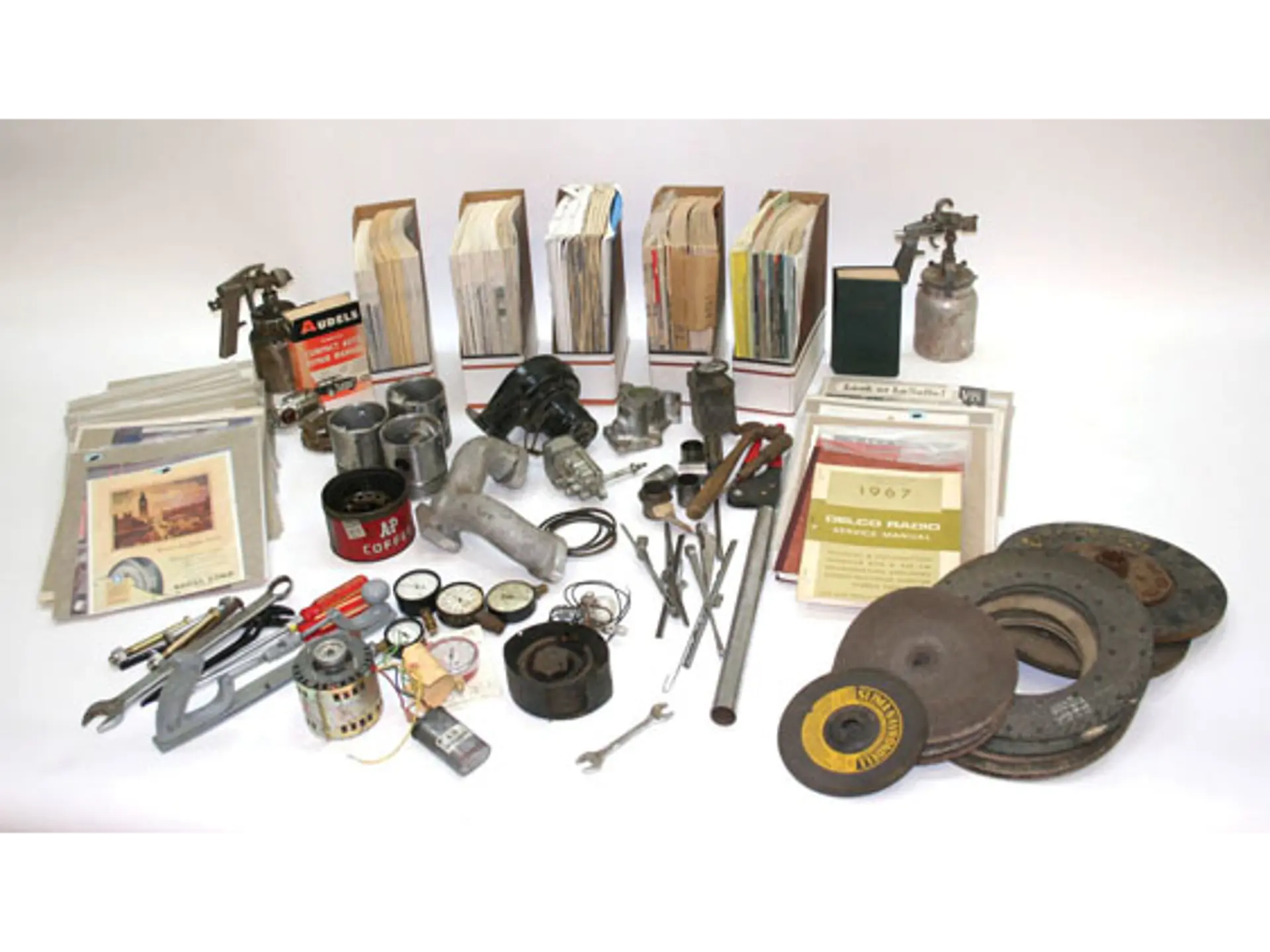 Large Lot of Miscellaneous Antiques Auto Parts, Tools, Manuel’s, books ...