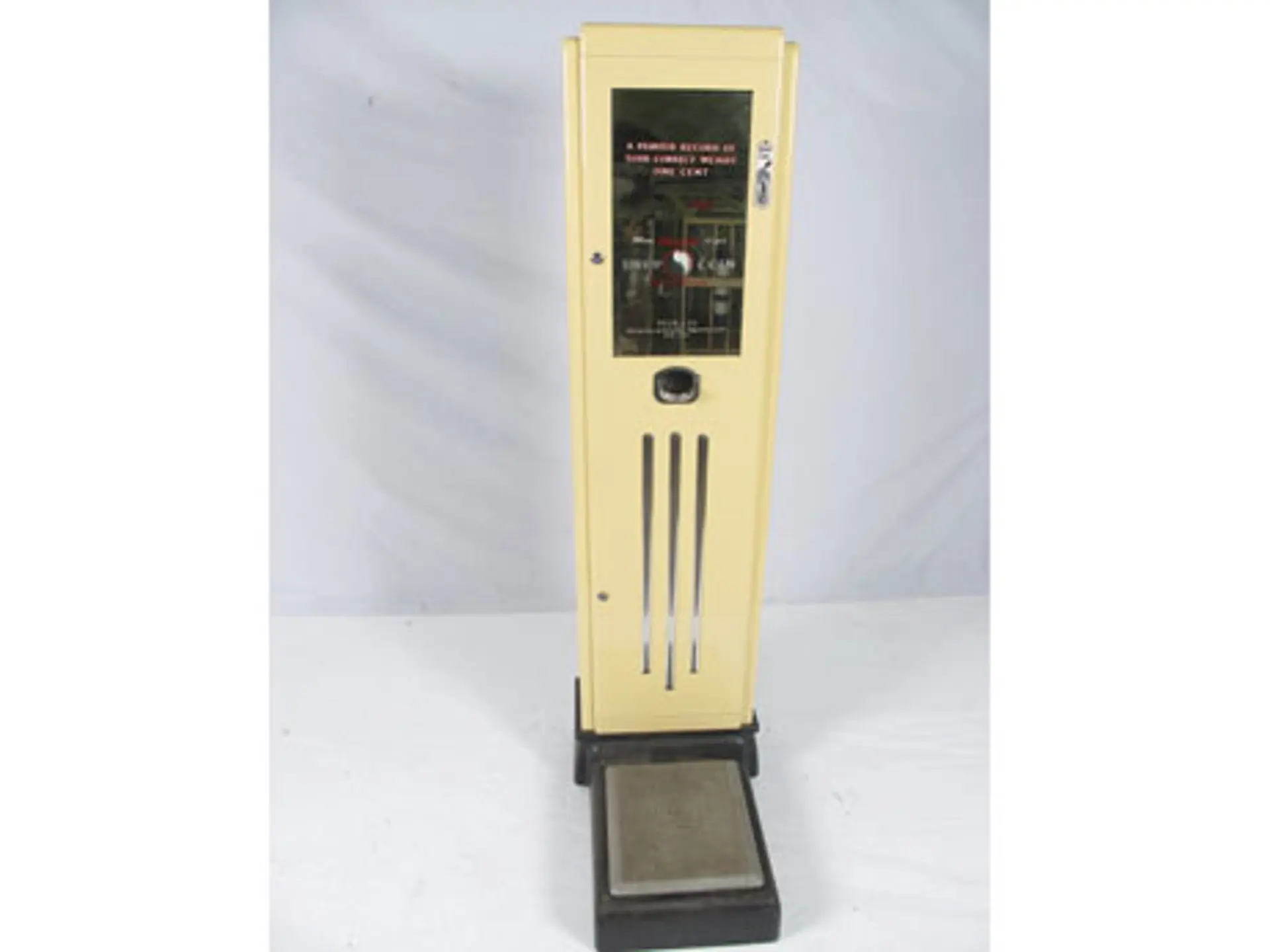 Peerless coin operated scale, "A printed record of your correct weight ...